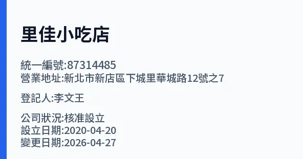 里佳小吃店的照片-統編 87314485(新北市) 公司登記資料與營業項目詳細圖表