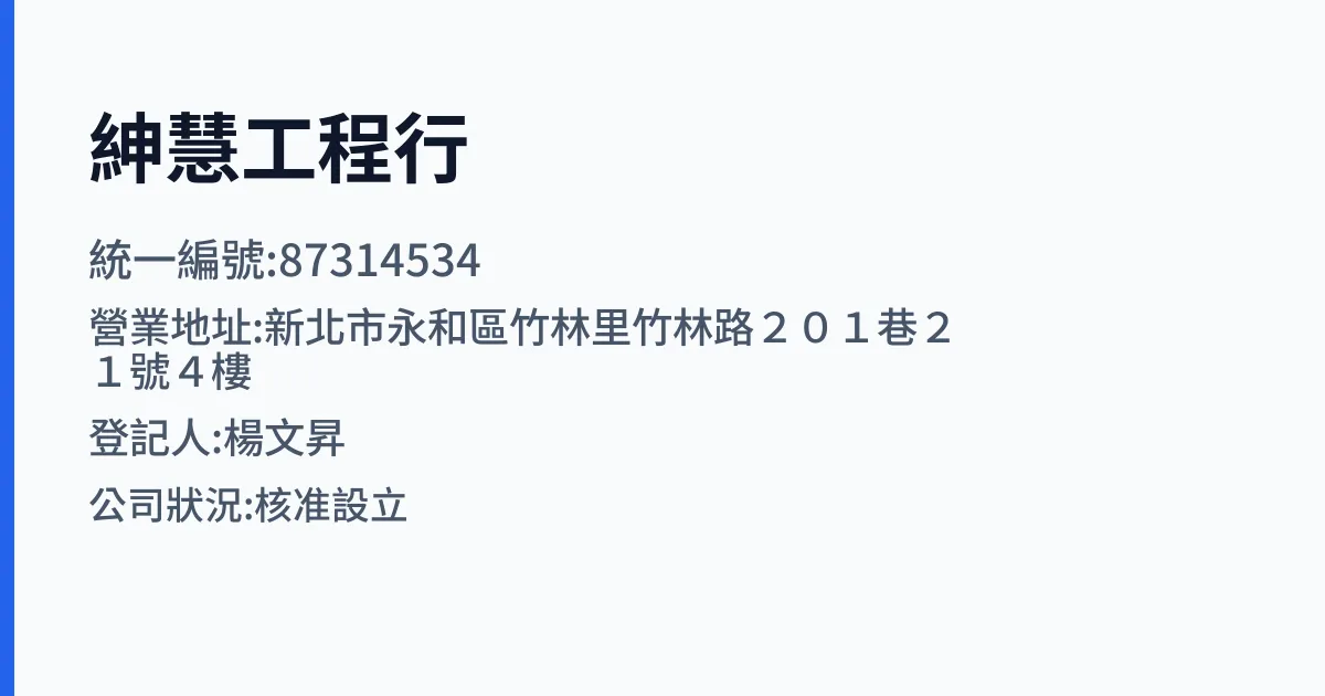 紳慧工程行 - 統編 87314534(新北市) 公司登記資料與營業項目詳細圖表