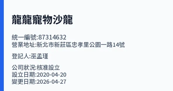 龍龍寵物沙龍的照片-統編 87314632(新北市) 公司登記資料與營業項目詳細圖表