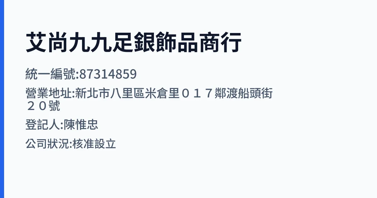 艾尚九九足銀飾品商行 - 統編 87314859(新北市) 公司登記資料與營業項目詳細圖表