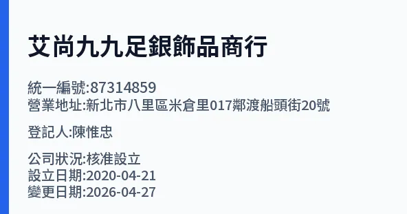艾尚九九足銀飾品商行的照片-統編 87314859(新北市) 公司登記資料與營業項目詳細圖表