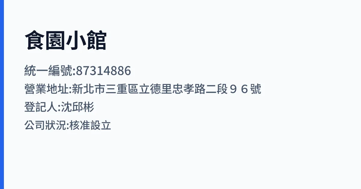 食園小館 - 統編 87314886(新北市) 公司登記資料與營業項目詳細圖表