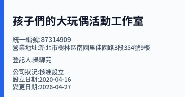 孩子們的大玩偶活動工作室的照片-統編 87314909(新北市) 公司登記資料與營業項目詳細圖表