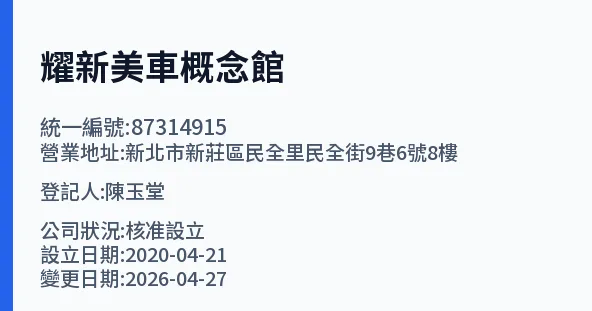 耀新美車概念館的照片-統編 87314915(新北市) 公司登記資料與營業項目詳細圖表