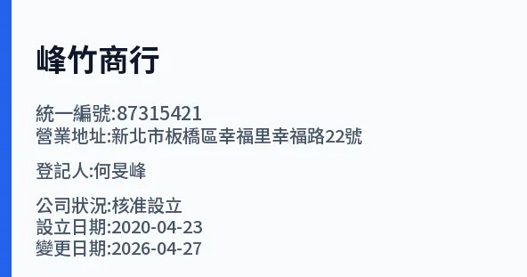 峰竹商行的照片-統編 87315421(新北市) 公司登記資料與營業項目詳細圖表