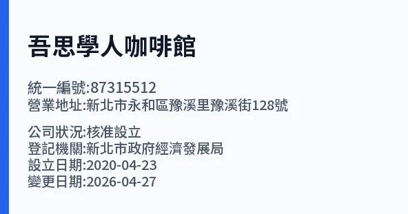 吾思學人咖啡館的照片-統編 87315512(新北市) 公司登記資料與營業項目詳細圖表