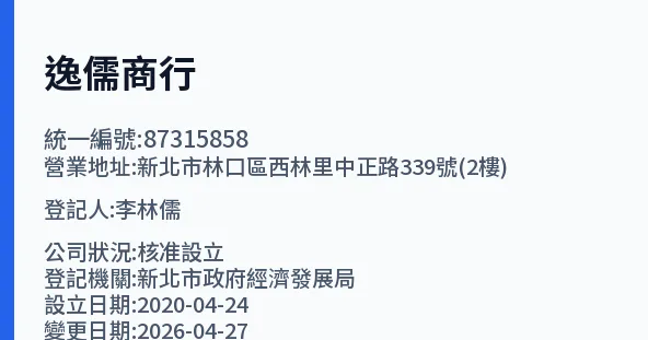 逸儒商行的照片-統編 87315858(新北市) 公司登記資料與營業項目詳細圖表