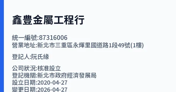 鑫豊金屬工程行的照片-統編 87316006(新北市) 公司登記資料與營業項目詳細圖表