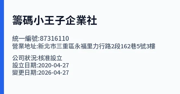 籌碼小王子企業社的照片-統編 87316110(新北市) 公司登記資料與營業項目詳細圖表