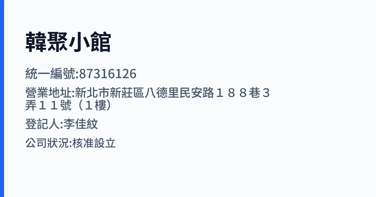 韓聚小館 - 統編 87316126(新北市) 公司登記資料與營業項目詳細圖表
