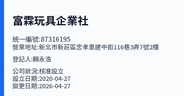 富霖玩具企業社的照片-統編 87316195(新北市) 公司登記資料與營業項目詳細圖表