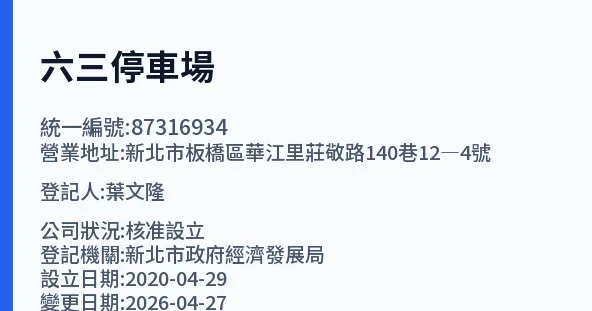 六三停車場的照片-統編 87316934(新北市) 公司登記資料與營業項目詳細圖表