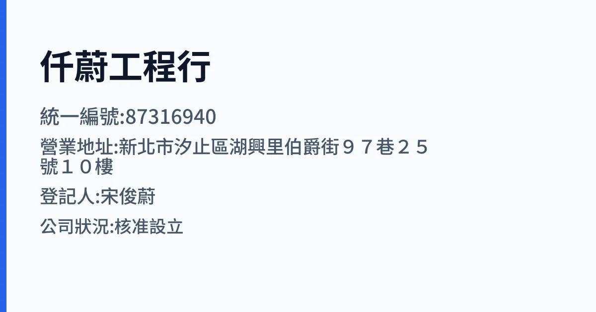 仟蔚工程行 - 統編 87316940(新北市) 公司登記資料與營業項目詳細圖表