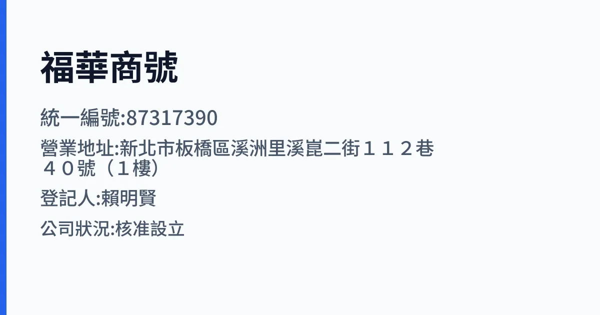 福華商號 - 統編 87317390(新北市) 公司登記資料與營業項目詳細圖表