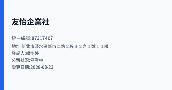 友怡企業社的照片-統編 87317407(新北市) 公司登記資料與營業項目詳細圖表