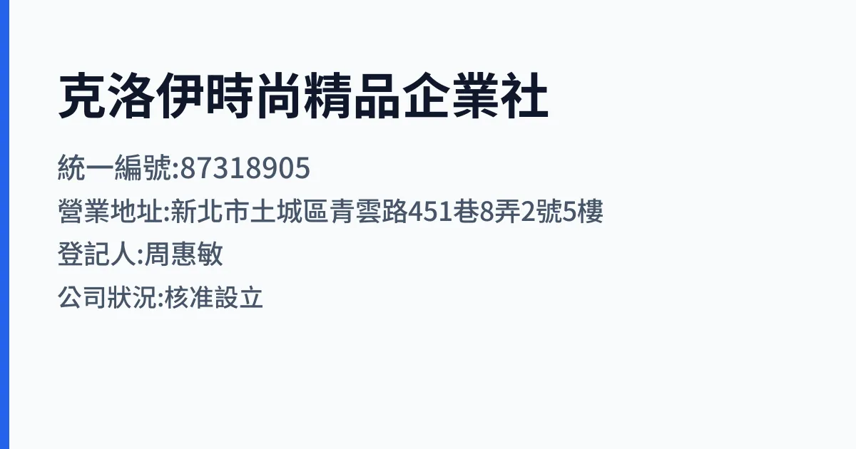克洛伊時尚精品企業社 - 統編 87318905(新北市) 公司登記資料與營業項目詳細圖表