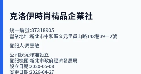 克洛伊時尚精品企業社的照片-統編 87318905(新北市) 公司登記資料與營業項目詳細圖表