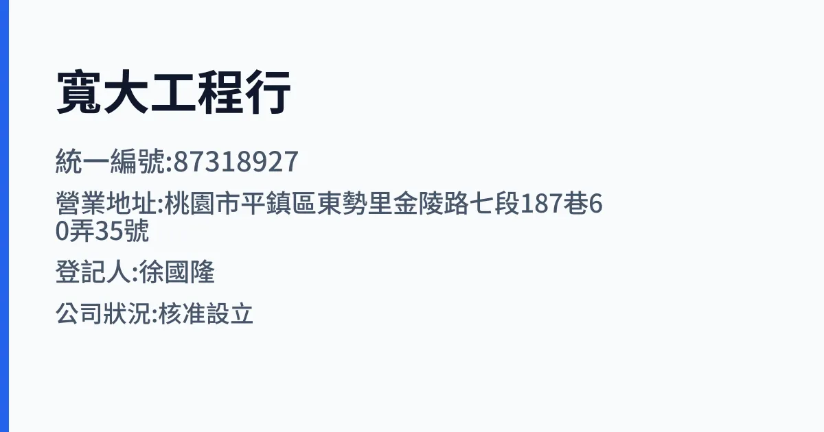 寬大工程行 - 統編 87318927(桃園市) 公司登記資料與營業項目詳細圖表