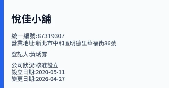 悅佳小舖的照片-統編 87319307(新北市) 公司登記資料與營業項目詳細圖表