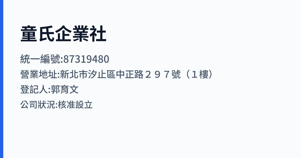 童氏企業社 - 統編 87319480(新北市) 公司登記資料與營業項目詳細圖表