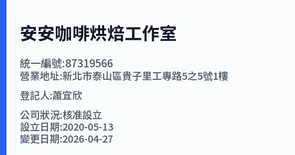 安安咖啡烘焙工作室的照片-統編 87319566(新北市) 公司登記資料與營業項目詳細圖表