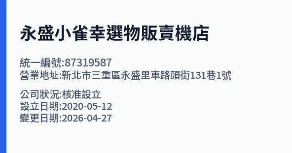 永盛小雀幸選物販賣機店的照片-統編 87319587(新北市) 公司登記資料與營業項目詳細圖表