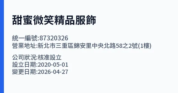 甜蜜微笑精品服飾的照片-統編 87320326(新北市) 公司登記資料與營業項目詳細圖表