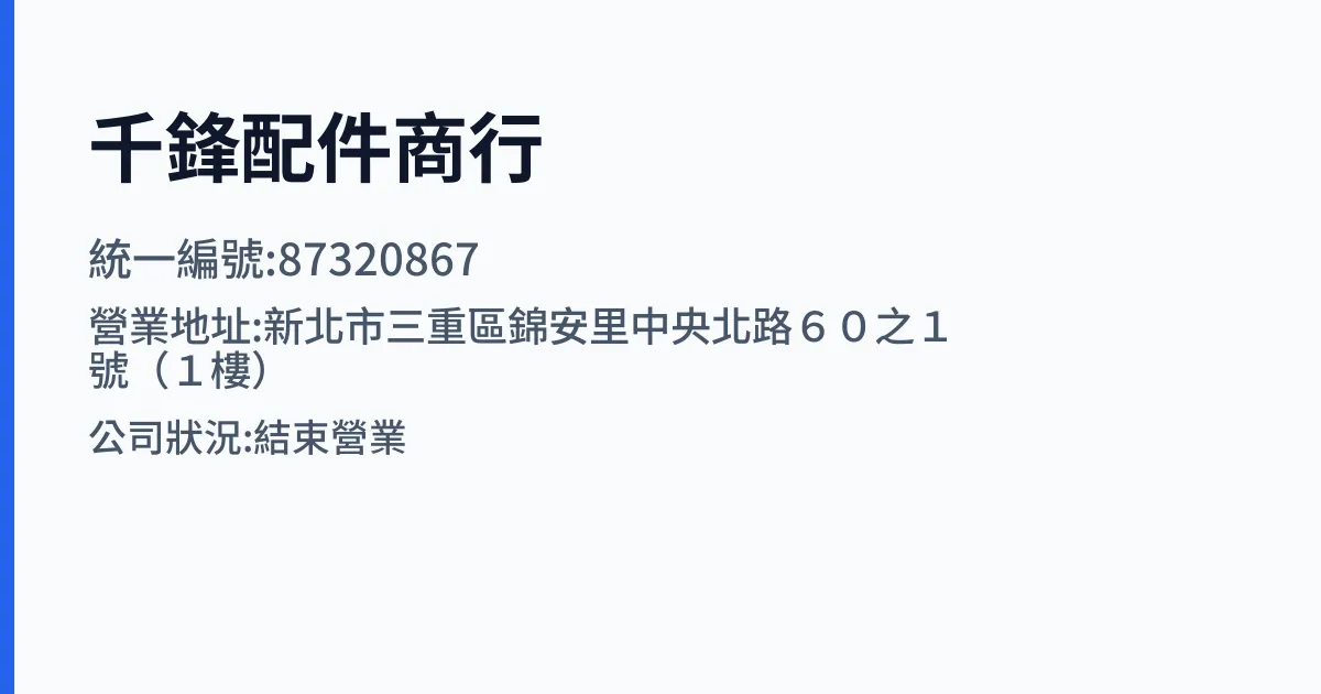 千鋒配件商行 - 統編 87320867(新北市) 公司登記資料與營業項目詳細圖表