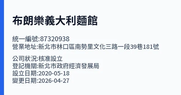 布朗樂義大利麵館的照片-統編 87320938(新北市) 公司登記資料與營業項目詳細圖表