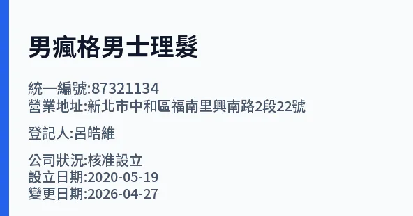 男瘋格男士理髮的照片-統編 87321134(新北市) 公司登記資料與營業項目詳細圖表
