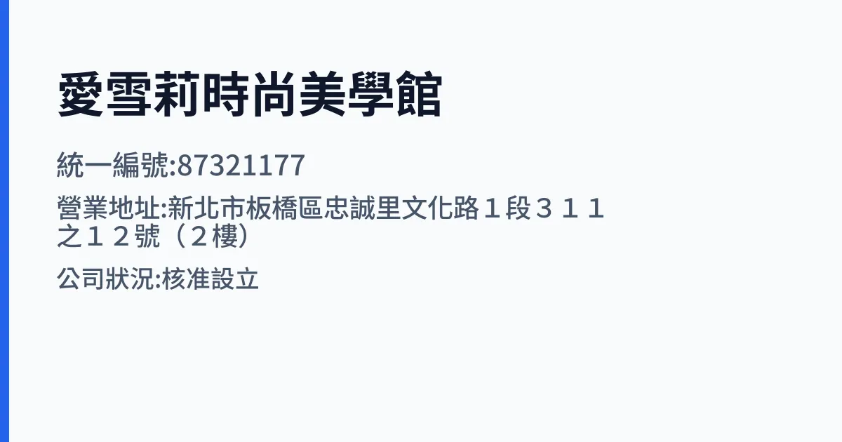 愛雪莉時尚美學館 - 統編 87321177(新北市) 公司登記資料與營業項目詳細圖表