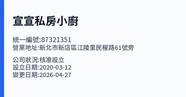 宣宣私房小廚的照片-統編 87321351(新北市) 公司登記資料與營業項目詳細圖表