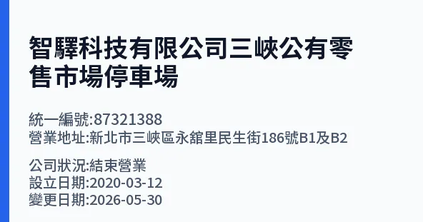 智驛科技有限公司三峽公有零售市場停車場的照片-統編 87321388(新北市) 公司登記資料與營業項目詳細圖表