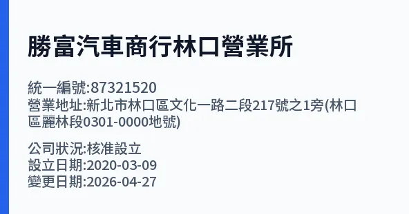 勝富汽車商行林口營業所的照片-統編 87321520(新北市) 公司登記資料與營業項目詳細圖表