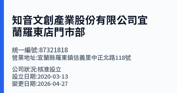 知音文創產業股份有限公司宜蘭羅東店門市部的照片-統編 87321818(宜蘭縣) 公司登記資料與營業項目詳細圖表