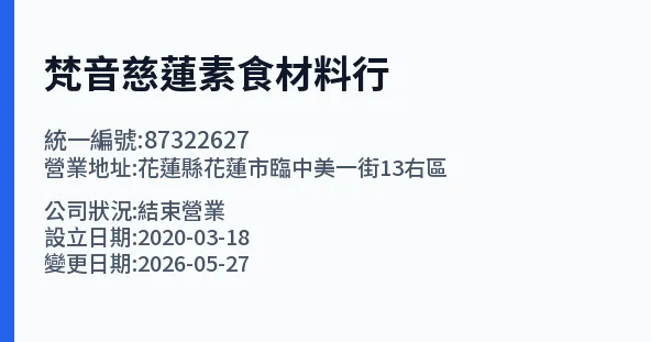 梵音慈蓮素食材料行的照片-統編 87322627(花蓮縣) 公司登記資料與營業項目詳細圖表