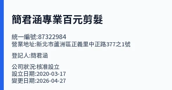 簡君涵專業百元剪髮的照片-統編 87322984(新北市) 公司登記資料與營業項目詳細圖表