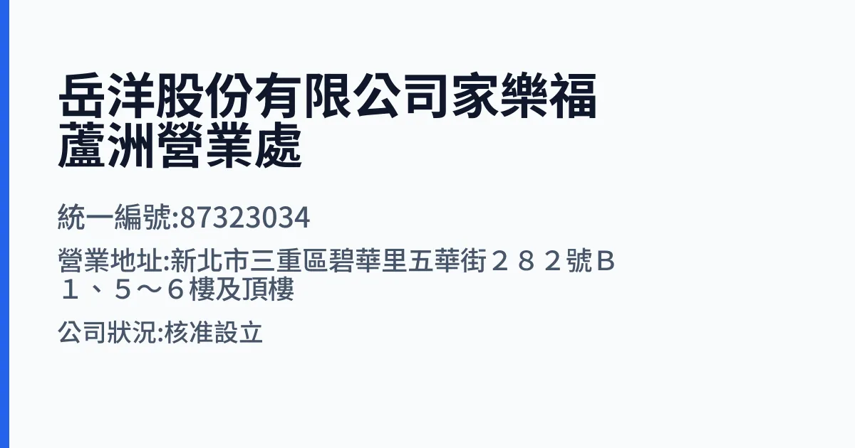 岳洋股份有限公司家樂福蘆洲營業處 - 統編 87323034(新北市) 公司登記資料與營業項目詳細圖表