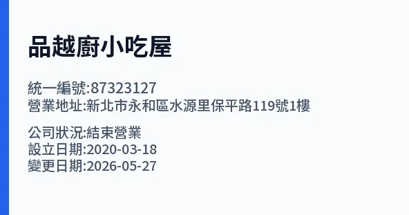 品越廚小吃屋的照片-統編 87323127(新北市) 公司登記資料與營業項目詳細圖表