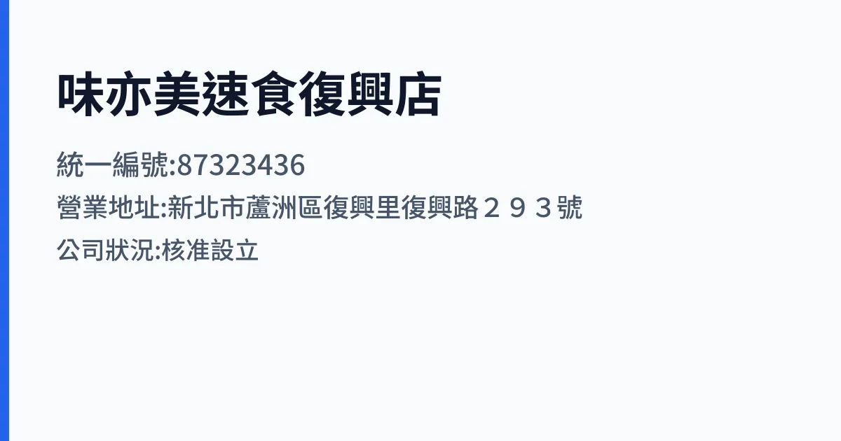 味亦美速食復興店 - 統編 87323436(新北市) 公司登記資料與營業項目詳細圖表