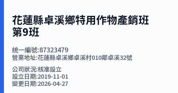 花蓮縣卓溪鄉特用作物產銷班第9班的照片-統編 87323479(花蓮縣) 公司登記資料與營業項目詳細圖表