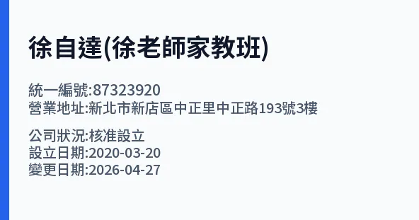 徐自達(徐老師家教班)的照片-統編 87323920(新北市) 公司登記資料與營業項目詳細圖表
