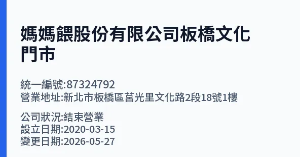 媽媽餵股份有限公司板橋文化門市的照片-統編 87324792(新北市) 公司登記資料與營業項目詳細圖表