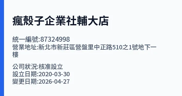 瘋殼子企業社輔大店的照片-統編 87324998(新北市) 公司登記資料與營業項目詳細圖表