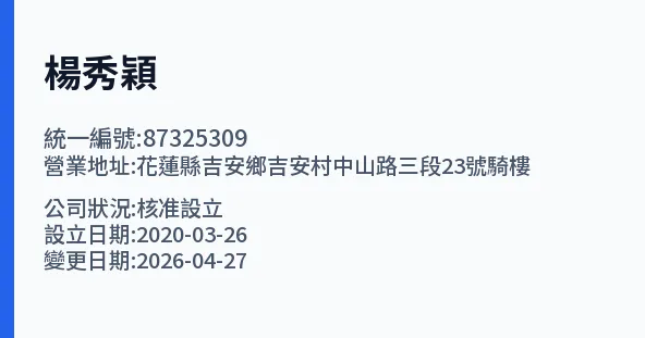 楊秀穎的照片-統編 87325309(花蓮縣) 公司登記資料與營業項目詳細圖表