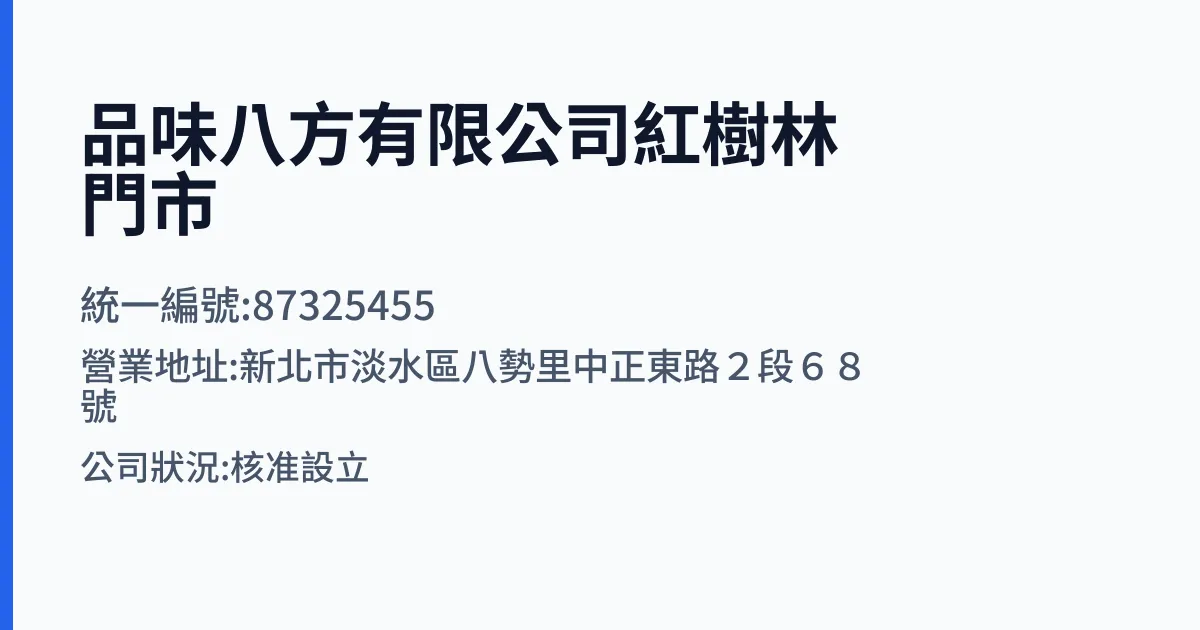 品味八方有限公司紅樹林門市 - 統編 87325455(新北市) 公司登記資料與營業項目詳細圖表