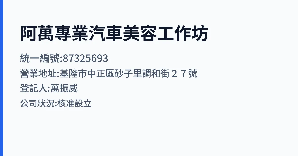 阿萬專業汽車美容工作坊 - 統編 87325693(基隆市) 公司登記資料與營業項目詳細圖表