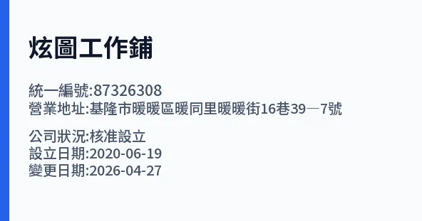炫圖工作鋪的照片-統編 87326308(基隆市) 公司登記資料與營業項目詳細圖表
