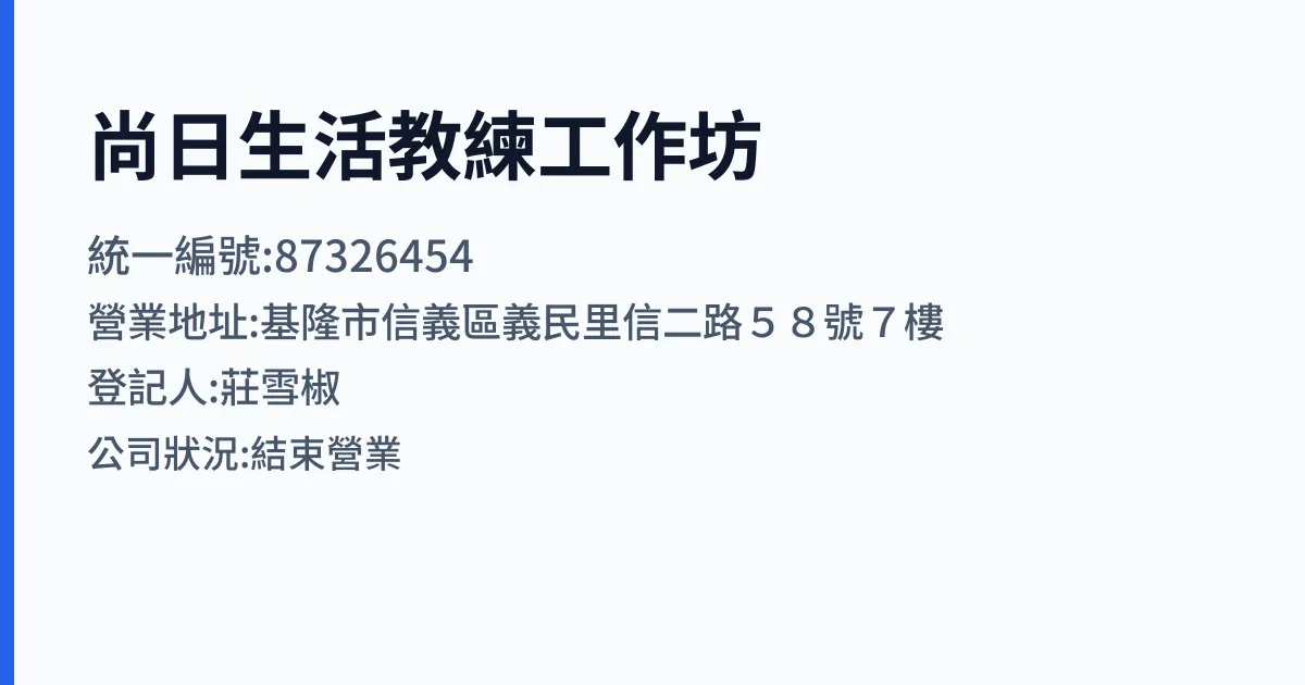 尚日生活教練工作坊 - 統編 87326454(基隆市) 公司登記資料與營業項目詳細圖表