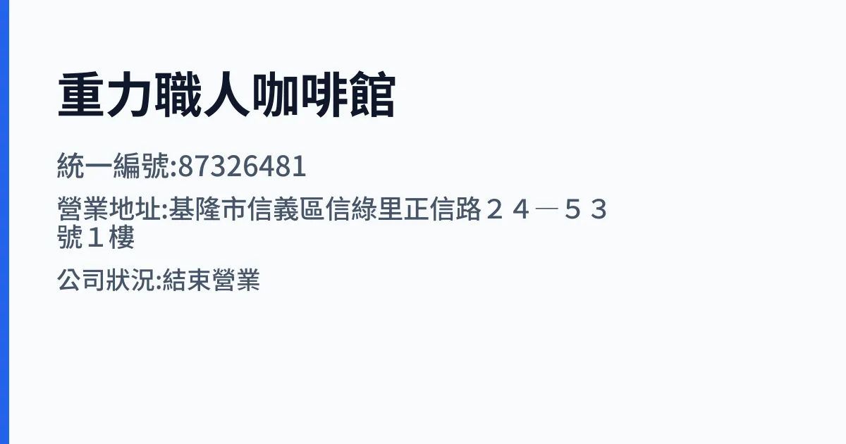 重力職人咖啡館 - 統編 87326481(基隆市) 公司登記資料與營業項目詳細圖表
